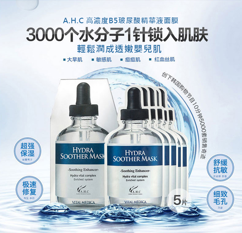 MaskQueen 韓國伊思-韓國AHC 高濃度B5玻尿酸精華液面膜5片裝